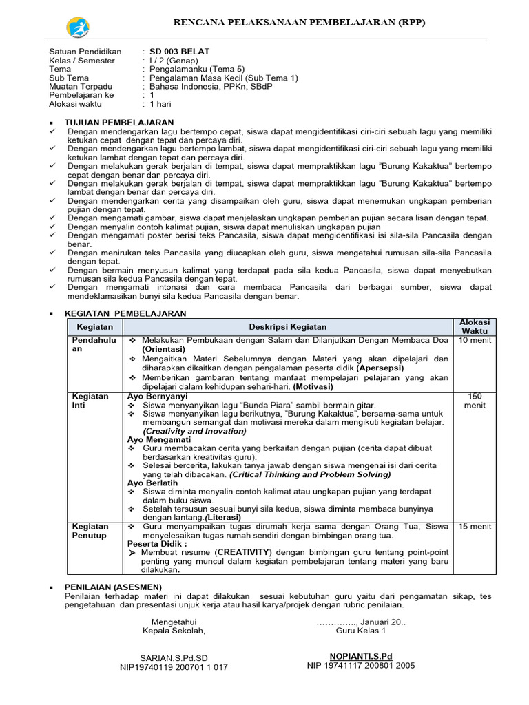 RPP 1 Lembar Kelas 1 Tema 5 | PDF