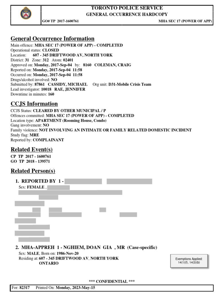 Toronto Police General Occurrence Report | PDF | Psychiatry