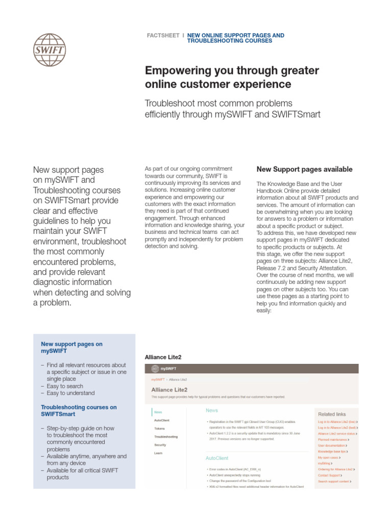 Swift Factsheet Improvingcx Newsupportpages and Tscourses | PDF | Troubleshooting | Information