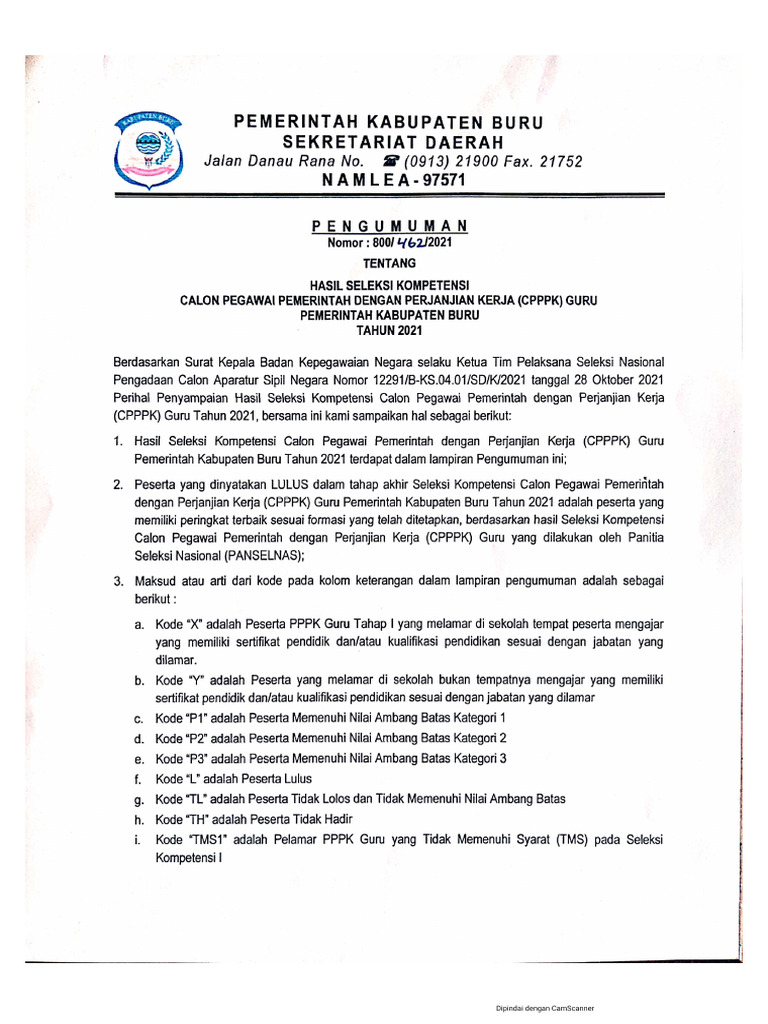 Pengumuman Hasil Seleksi PPPK Guru Tahun 2021 Mantap | PDF