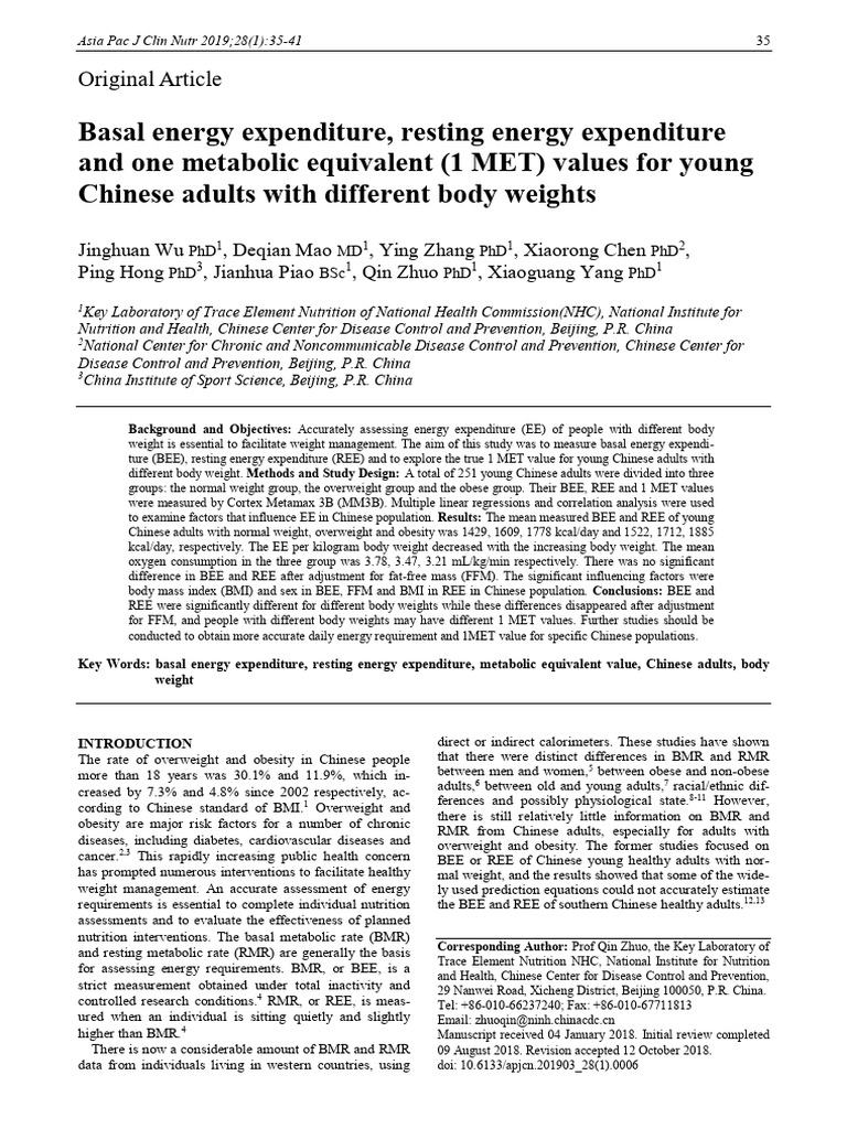 Basal Energy Expenditure, Resting Energy Expenditure and One Metabolic ...