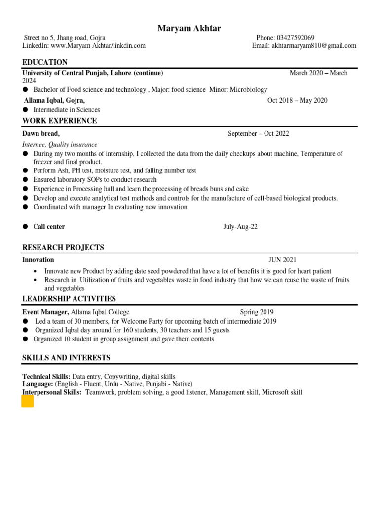 Maryam Akhtar Resume. | PDF | Business
