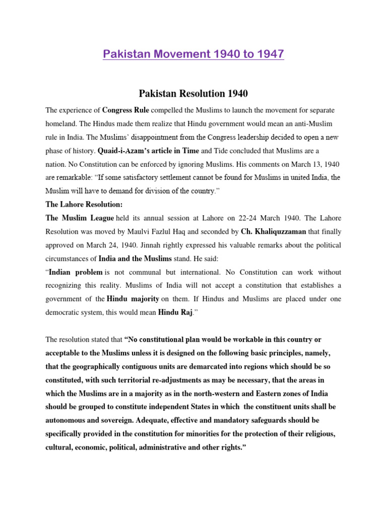 Pakistan Movement: 1940-1947 Overview | PDF | Muhammad Ali Jinnah ...