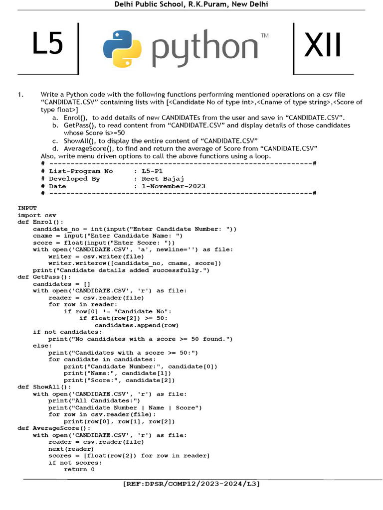 Reet Bajaj 12K 2023-2024 - L5 - CS - Xii - 2023 - 2024 | PDF
