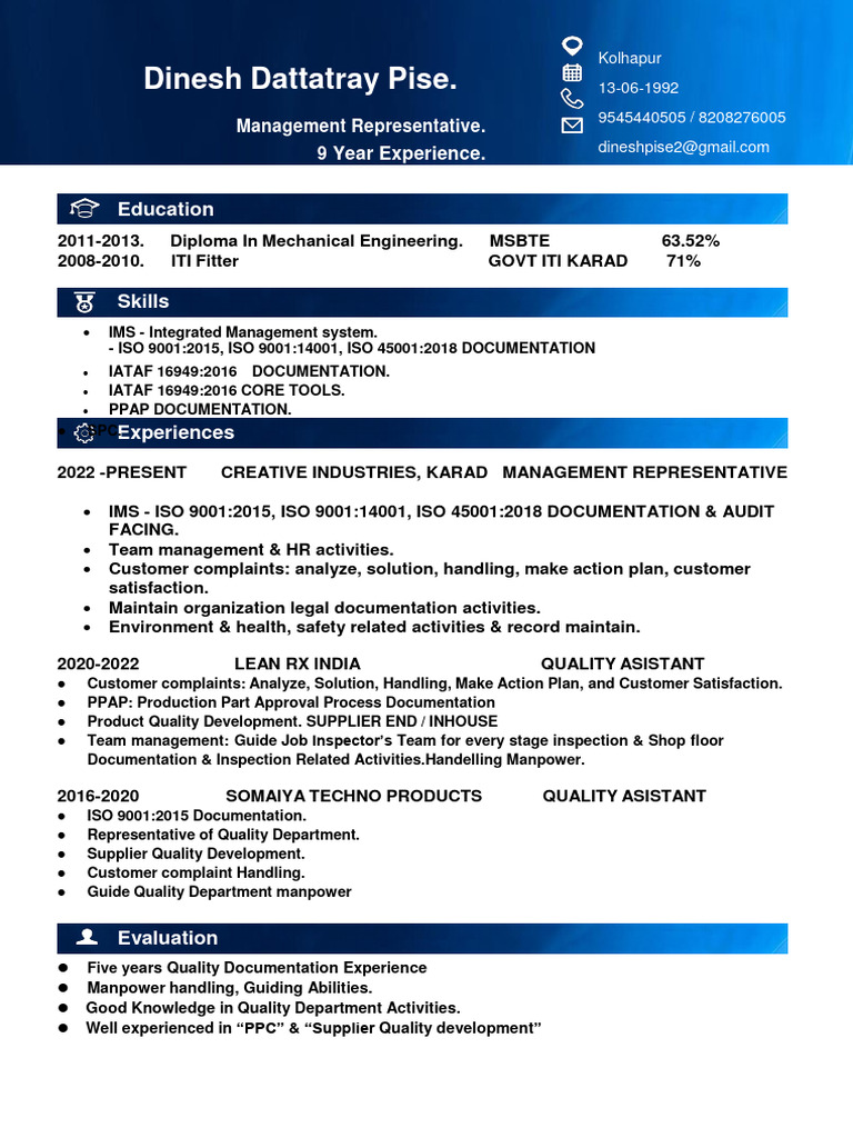 Dinesh-MR 9 Years Exp. | PDF