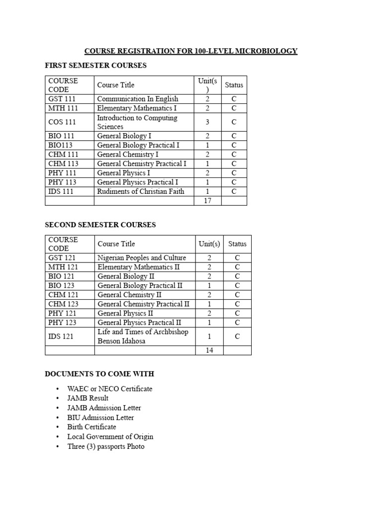 Course Registration For 100 Level MCB | PDF