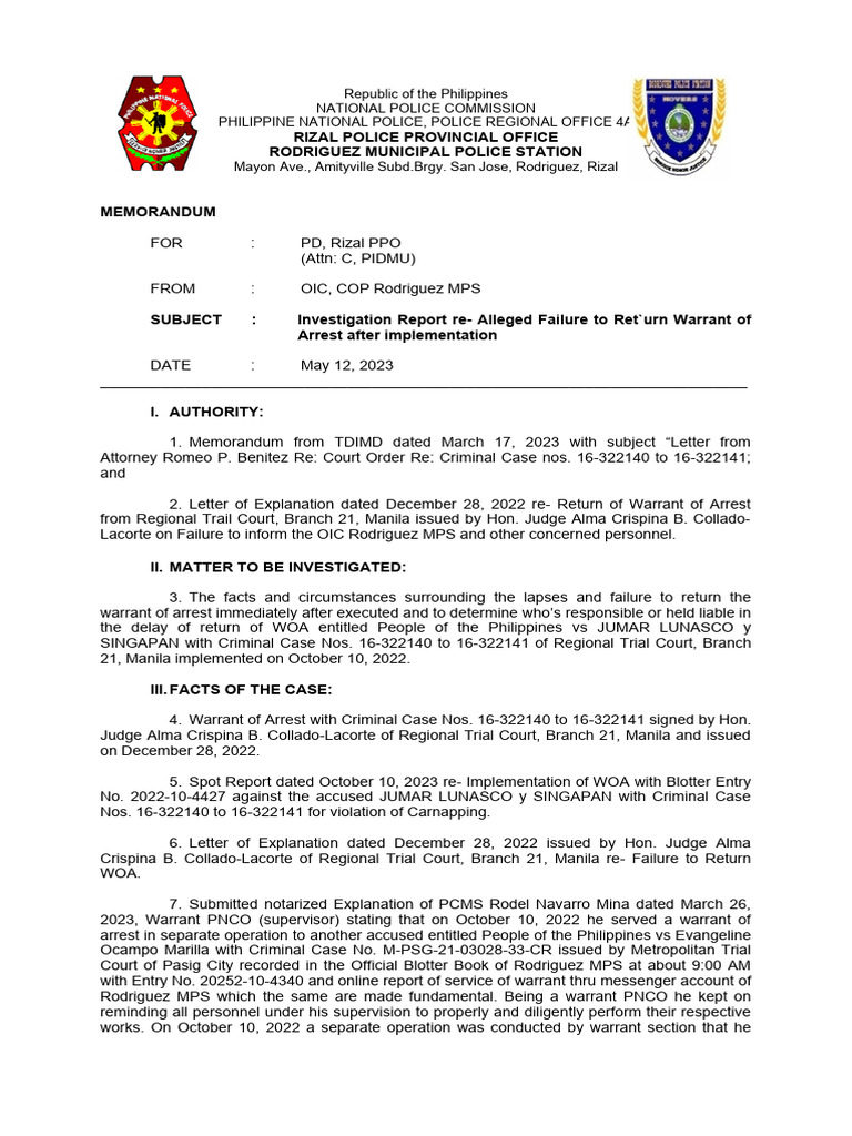 Investigation Report PSSG Jerome Cruz | PDF | Arrest Warrant | Arrest