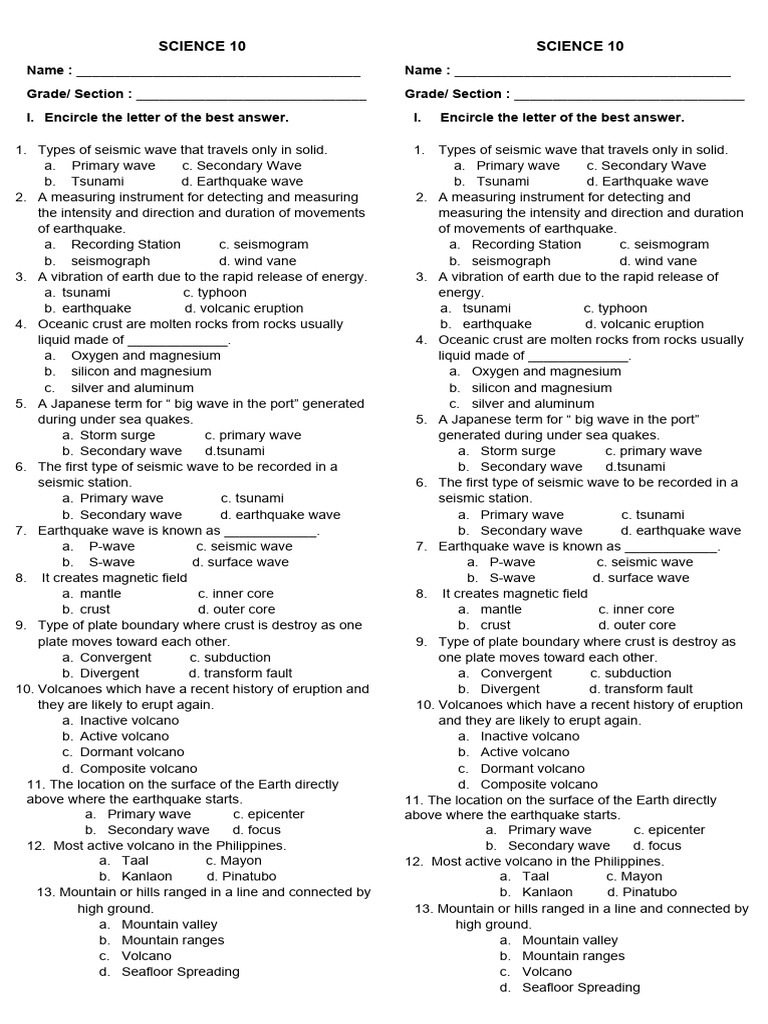 Science - Review Quiz | PDF | Plate Tectonics | Earthquakes
