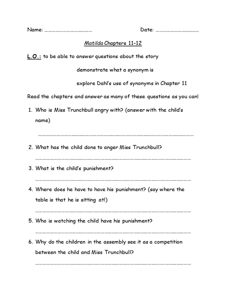 Matilda Chapter 11 To 12 Tasks | PDF