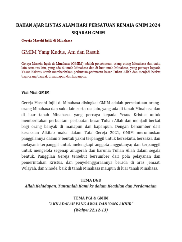 Sejarah Gmim - Bahan Ajar Lintas Alam Hari Persatuan Remaja Gmim 2024 | PDF