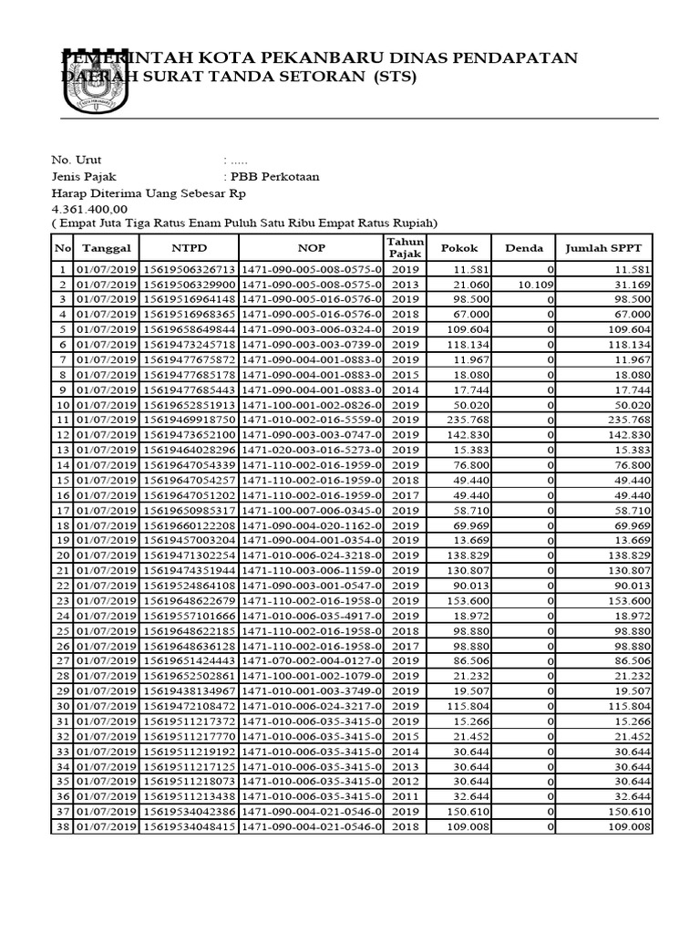 Pemerintah Kota Pekanbaru: Dinas Pendapatan Daerah Surat Tanda Setoran ...