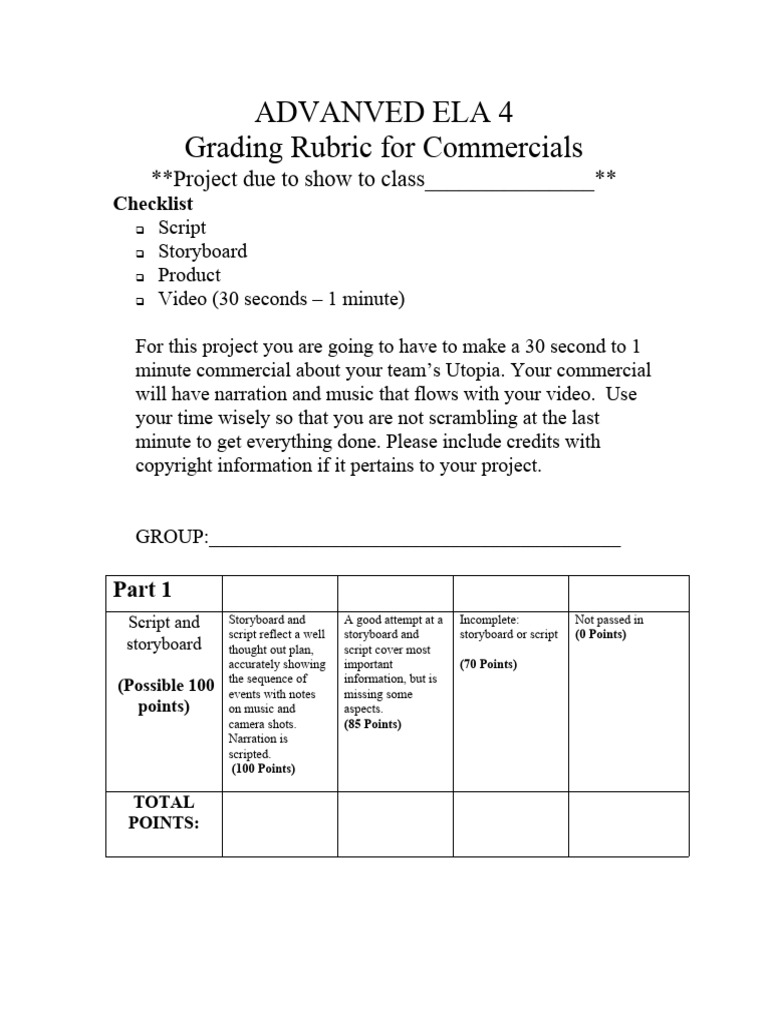 Grading Rubric For Commercials 1 | PDF