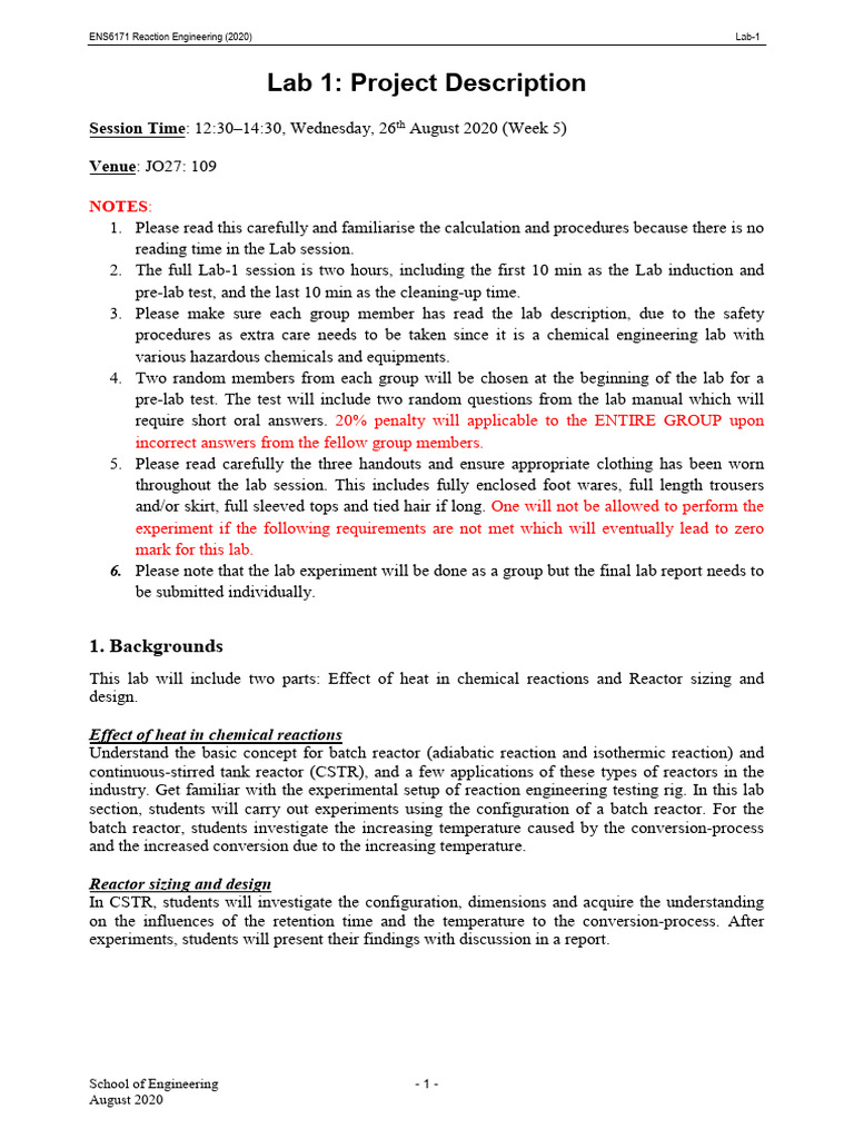 Lab1 reaction engineering | PDF | Chemical Reactor | Water Heating