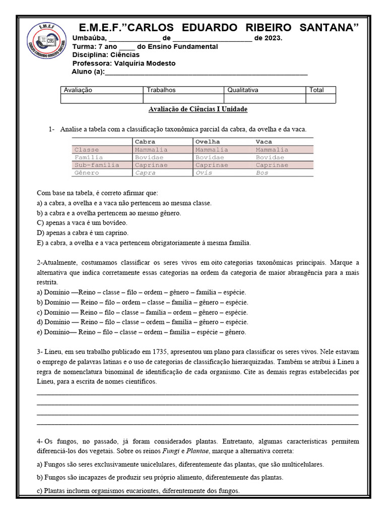 Cópia de Avaliação Ciências 7C | PDF | Plantas | Eucariotas