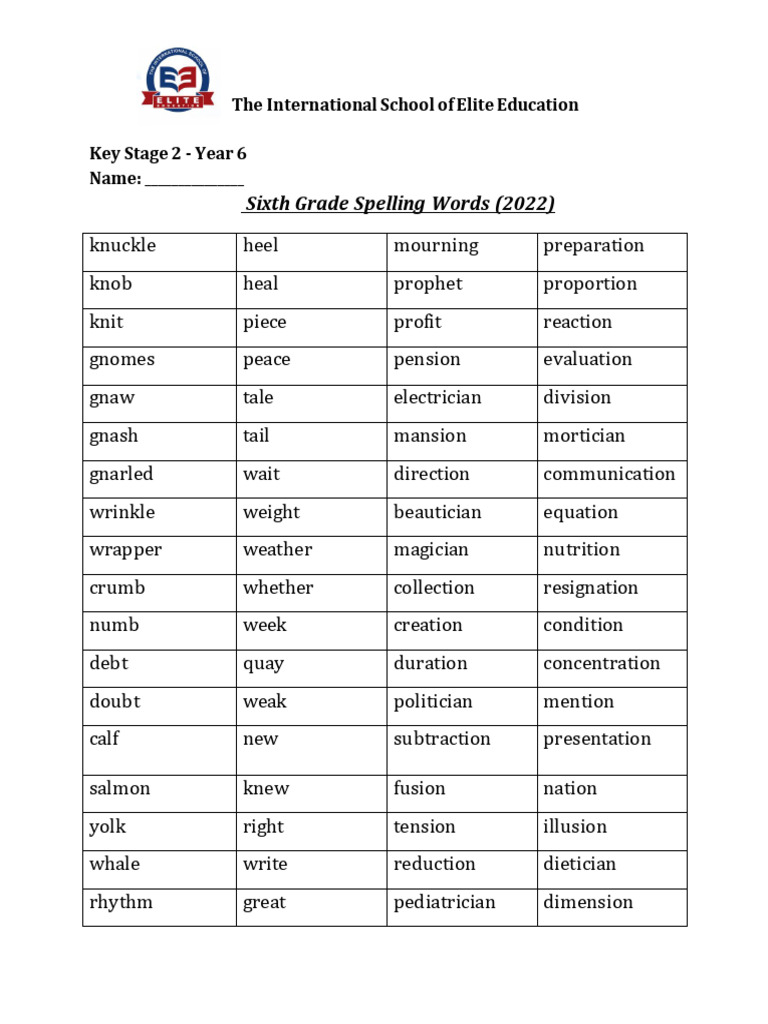 Spelling Bee Words List 2022 - Year 6 | PDF | Young Adult