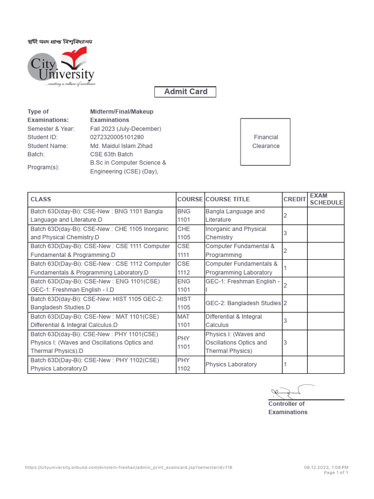 Student Exam Card | PDF