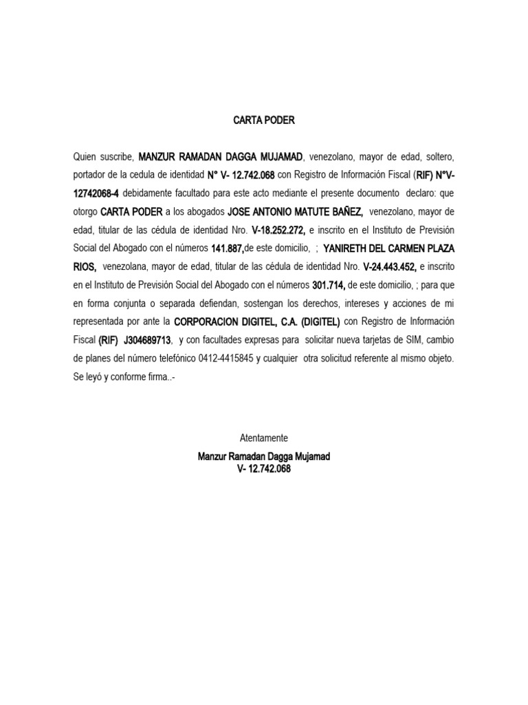 Carta Poder a Abogados para Digitel | PDF