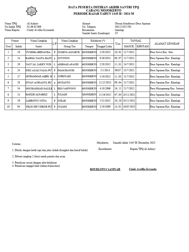 Form Pendaftaran IMTAS Santri 1445 Neww | PDF