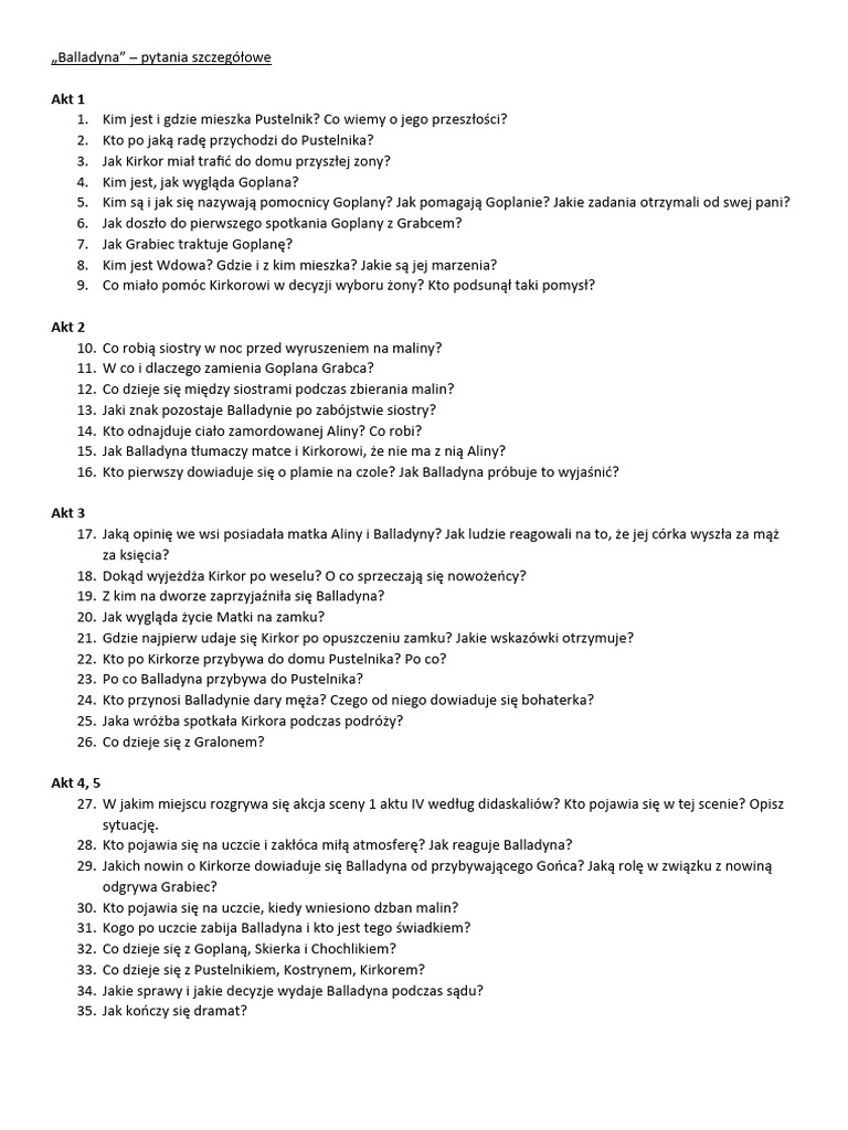 Balladyna Pytania Szczegółowe | PDF