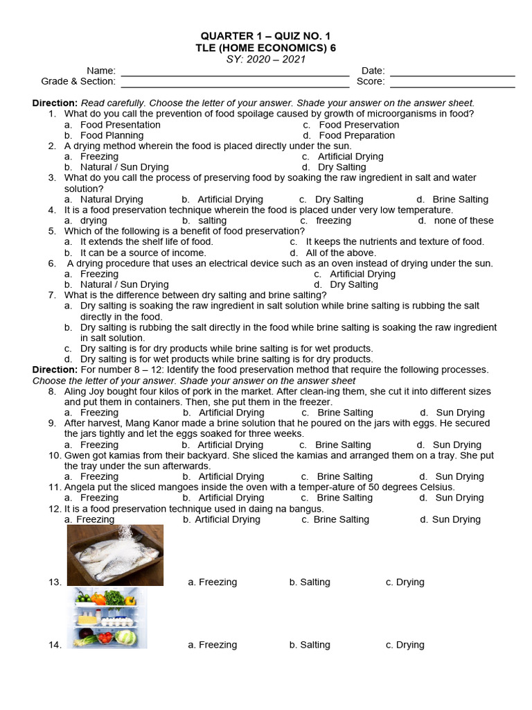 TLE 6 - Quarter 1 - Quiz No. 1 | PDF | Food Preservation | Food Safety