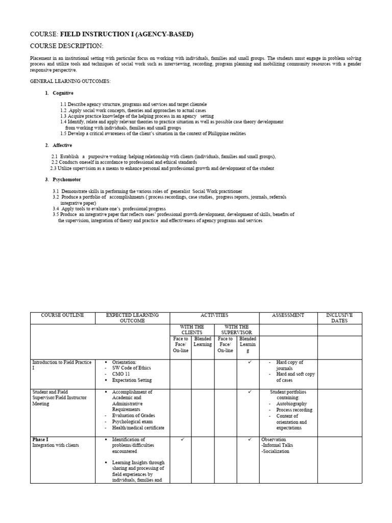 Course: Field Instruction I (Agency-Based) Course Description | PDF