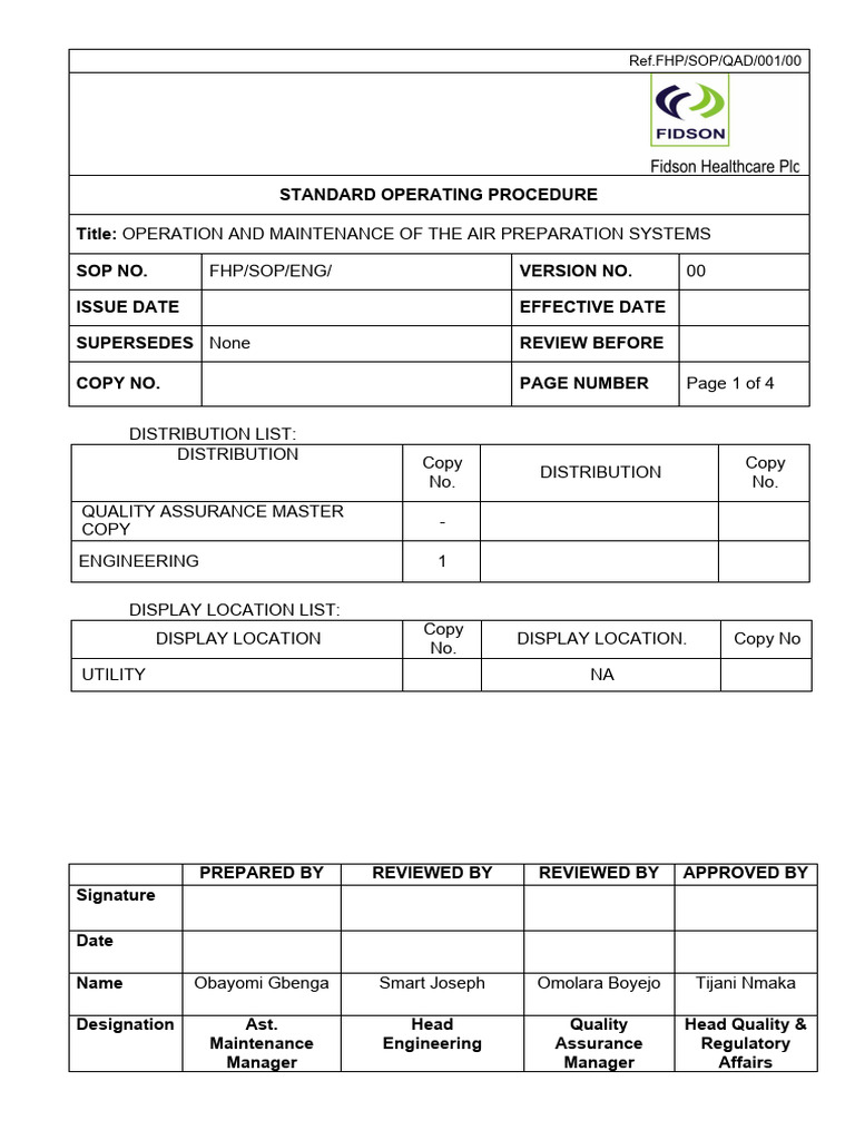 Air System Operation & Maintenance SOP | PDF | Valve