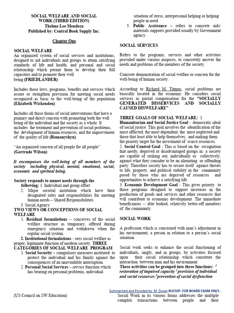Orange Book Summary Social Welfare and Social Work 1 | PDF | Social ...