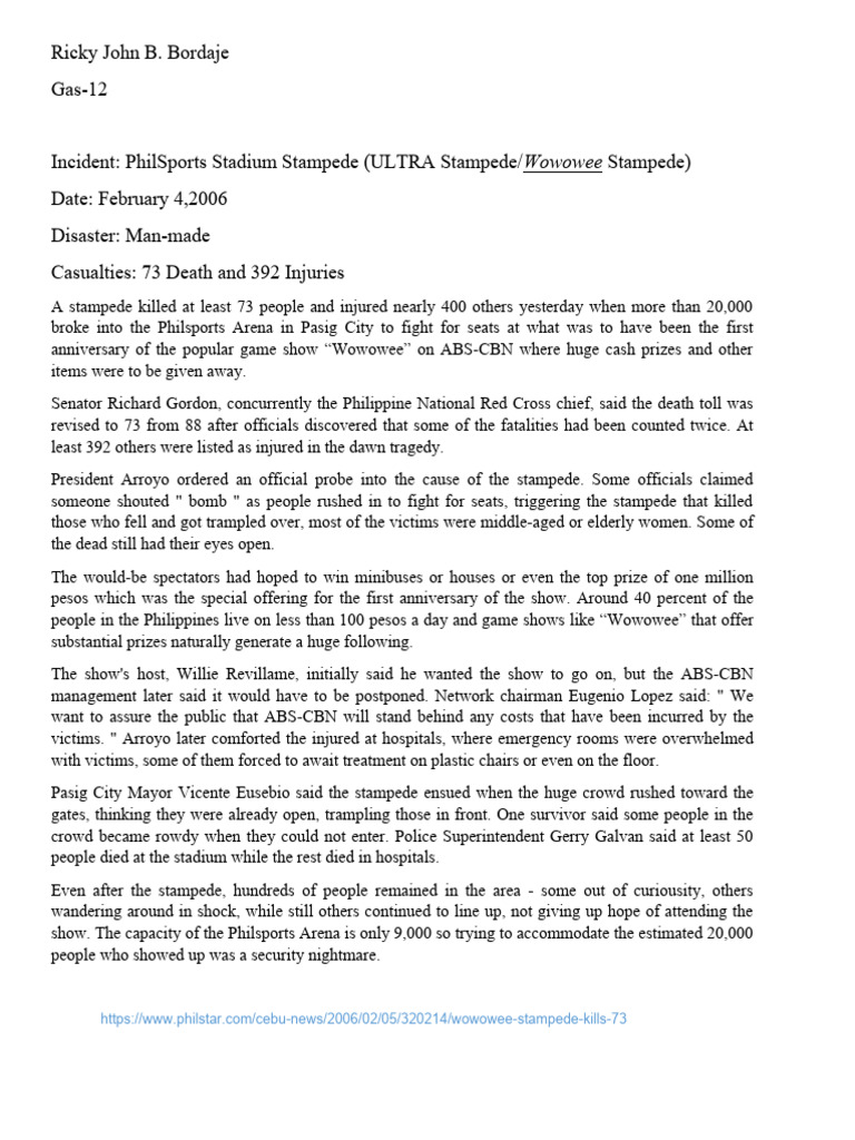 2006 Wowowee Stampede Tragedy | PDF | Disasters | Man Made Disasters