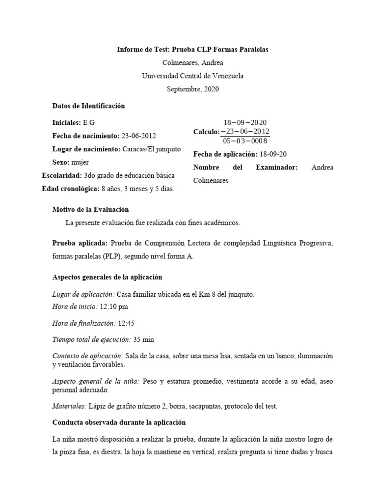 Informe de Test CLP Andrea Colmenares | PDF