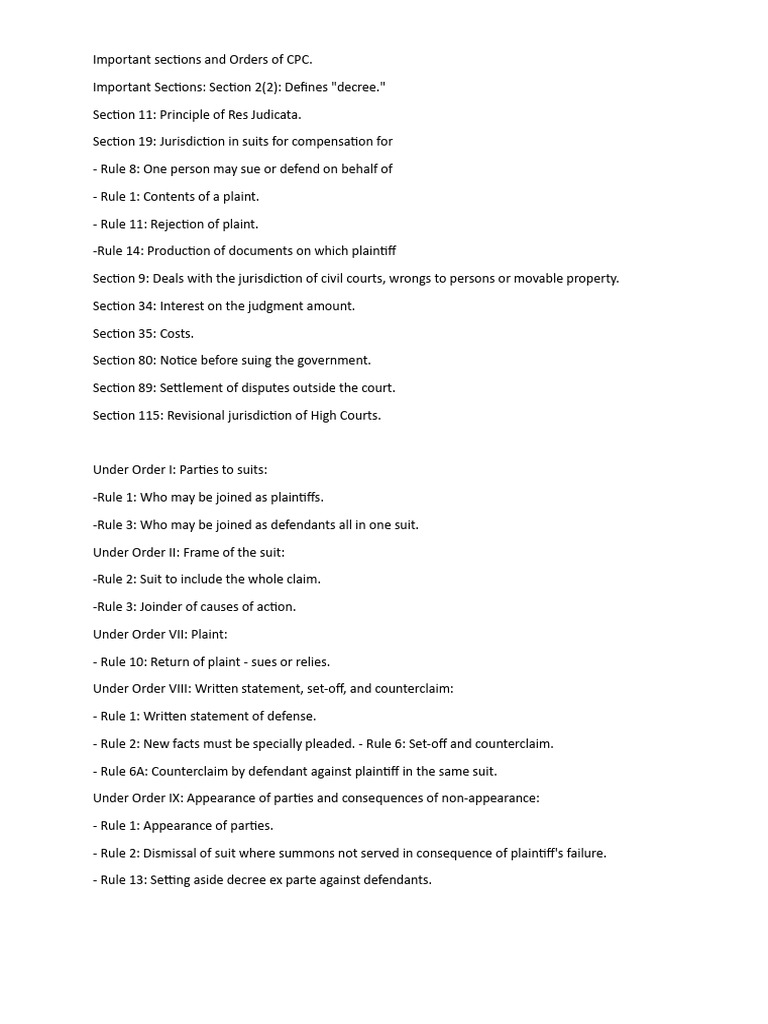 Important sections and Orders of CPC | PDF | Lawsuit | Political Law