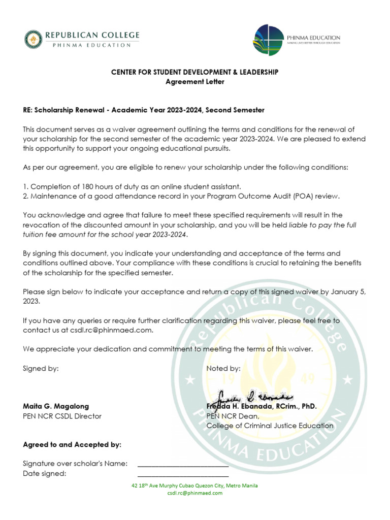 Agreement For Scholarship Renewal Academic Year 2023 2024 Second ...