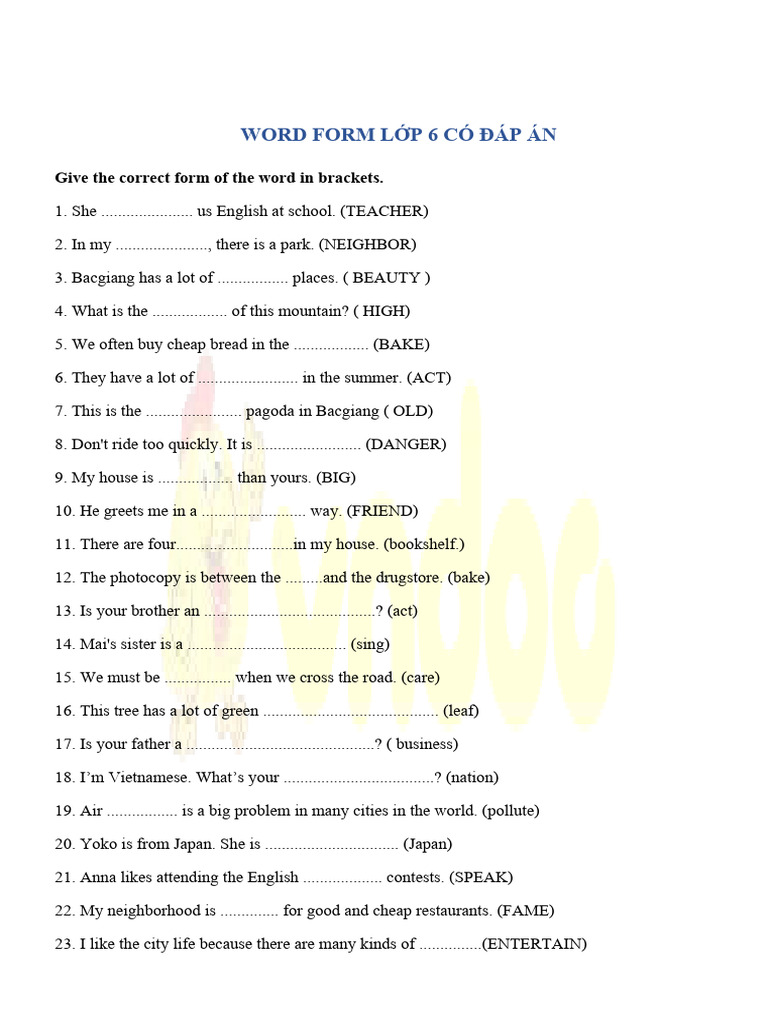 bai-tap-word-form-lop-6 | PDF