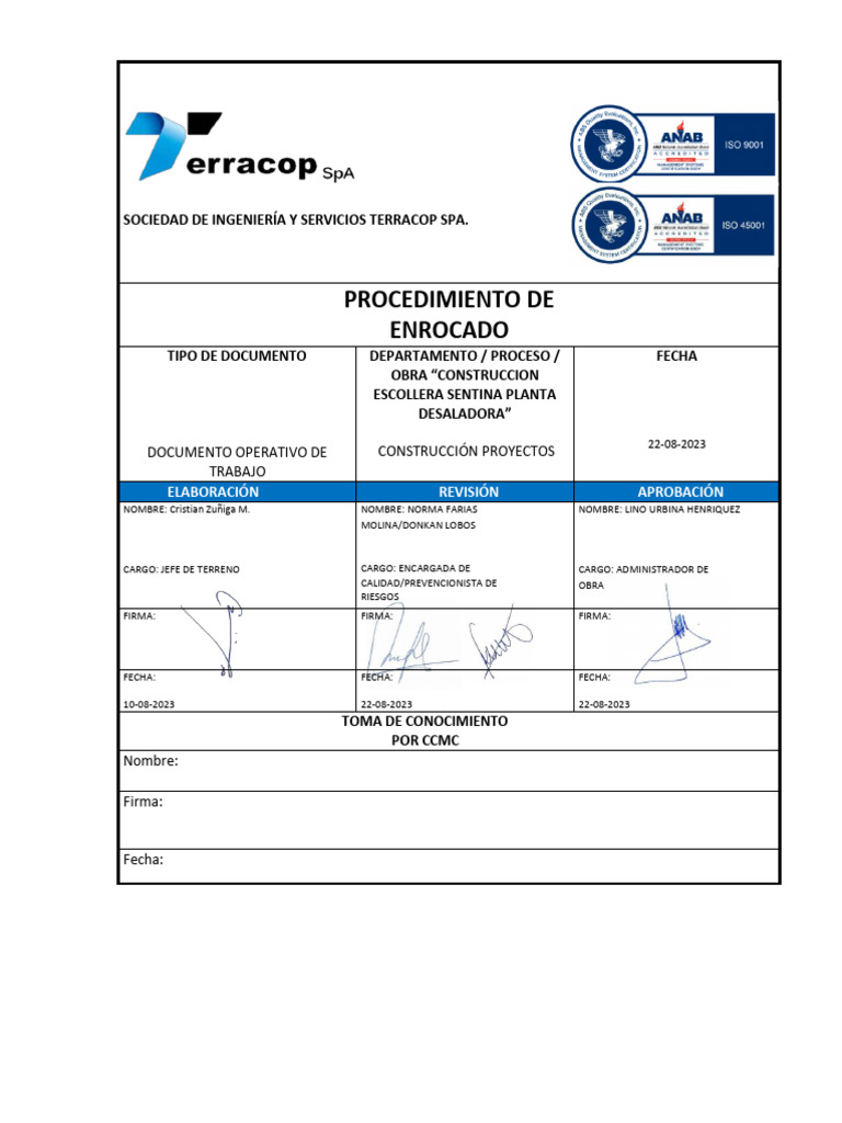 Procedimiento de Enrocado PR-OP-203-04 | PDF