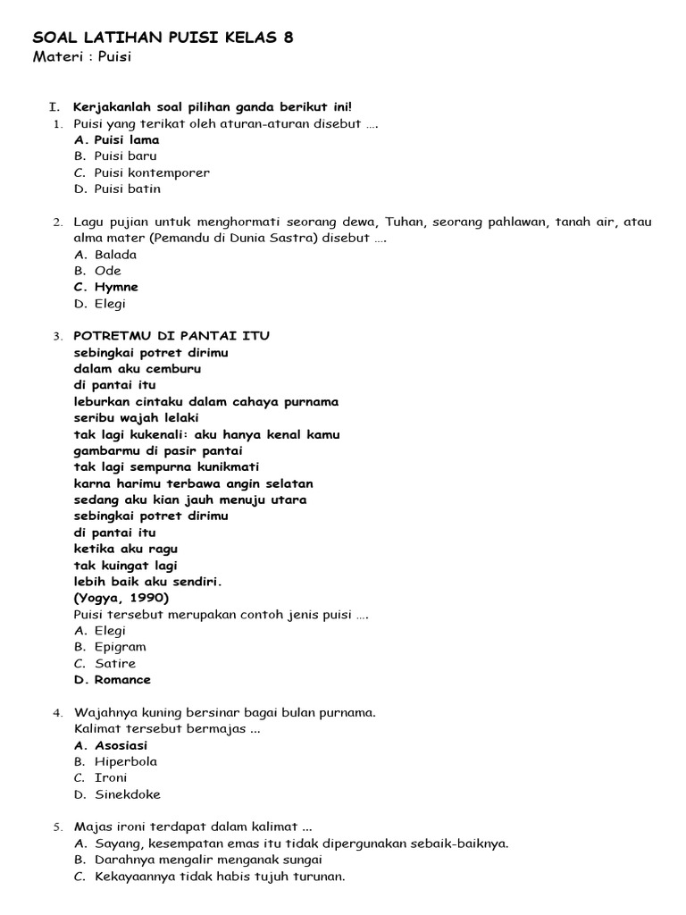 Soal Latihan Puisi Kelas 8 | PDF