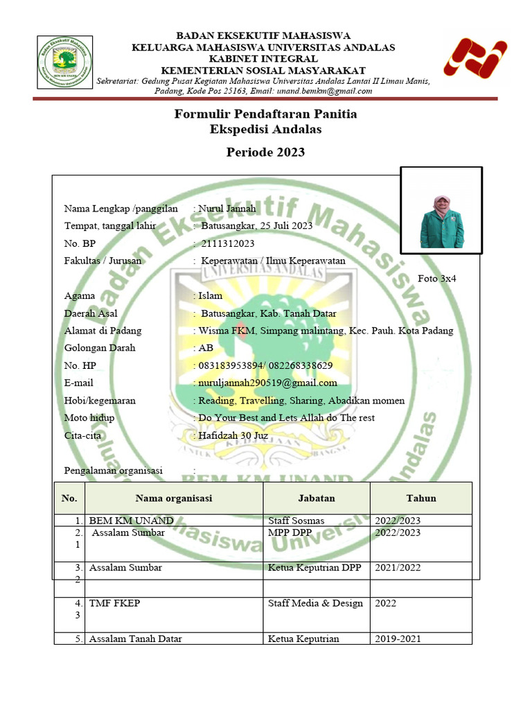 Formulir Pendaftaran Panitia Ekspedisi Andalas 2023 | PDF | Karier & Perkembangan | Ilmu Sosial