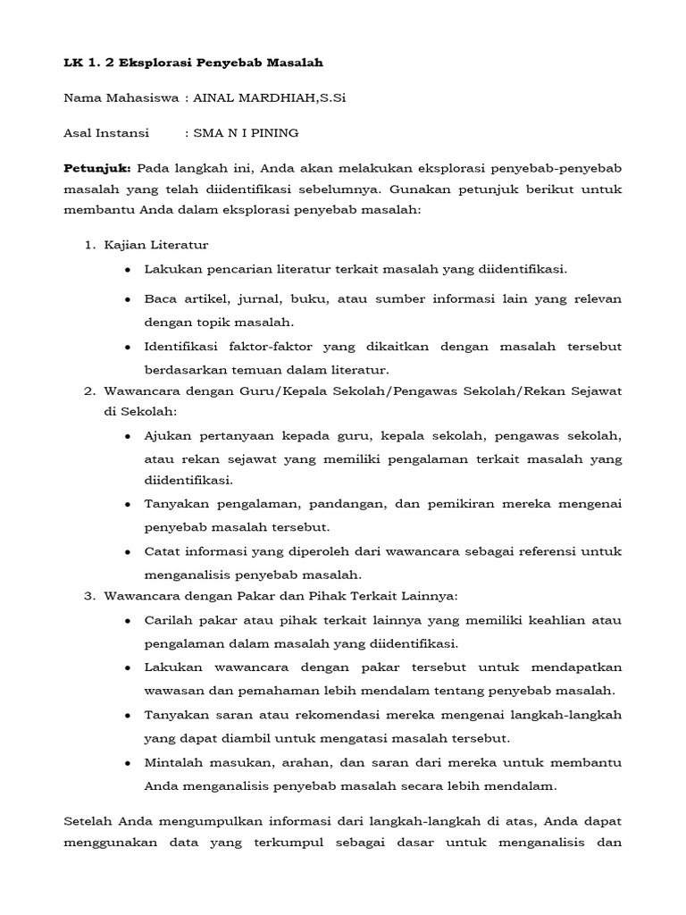 LK 1.2 Eksplorasi Penyebab Masalah Ainal Mardhiah, S.Si Baru | PDF