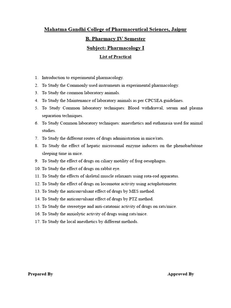 List of Practical Pharmacology 6th Sem B Pharma | PDF
