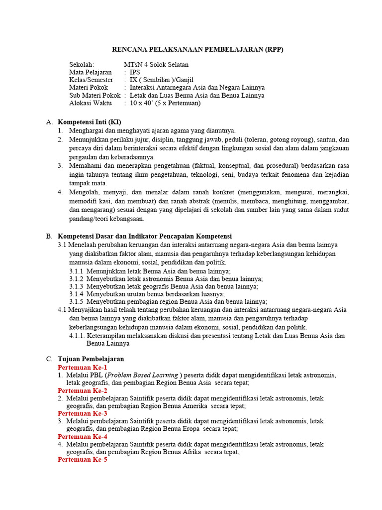 Rencana Pelaksanaan Pembelajaran (RPP) : Pertemuan Ke-1 | PDF