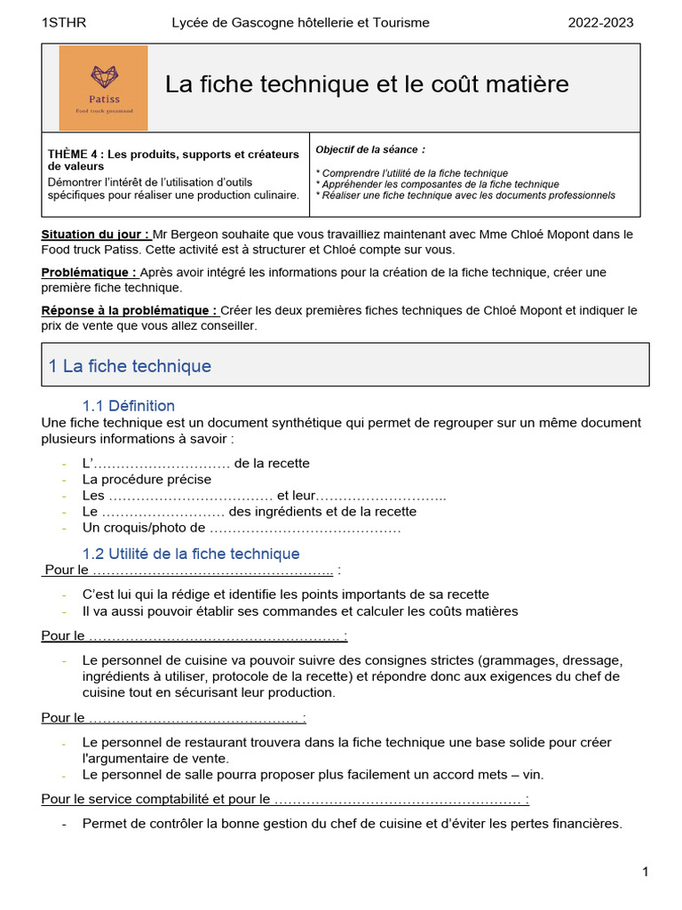 La Fiche Technique - Cours Eleve 1STHR 2 | PDF