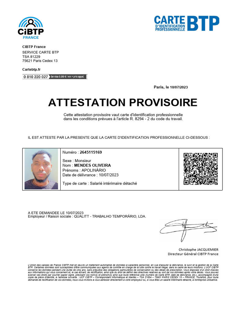 Attestation Provisoire: CIBTP France | PDF