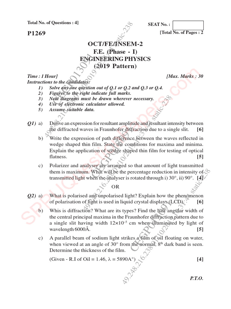 Be - First Year Fe Engineering - Semester 1 - 2019 - October - Engineering Physics Pattern 2019 ...