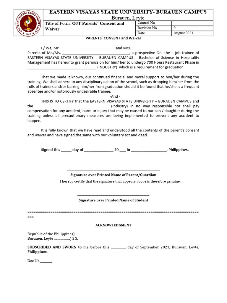OJT Parental Consent Form | PDF | Government | Common Law