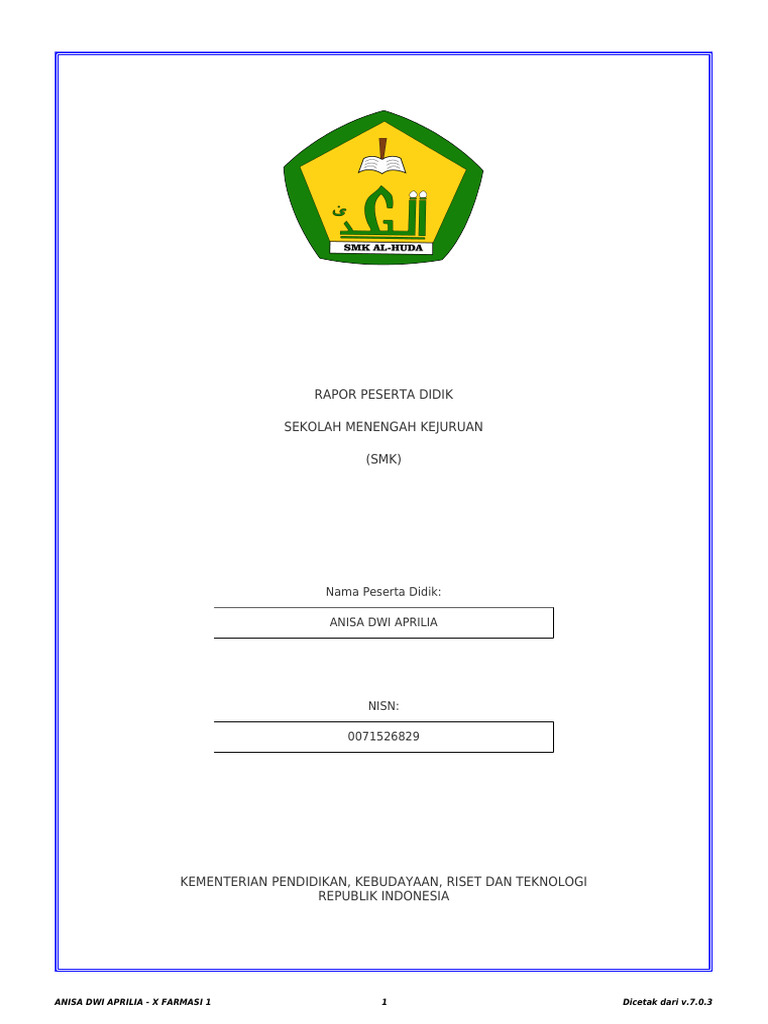 Rapor Anisa Dwi Aprilia SMK Farmasi | PDF