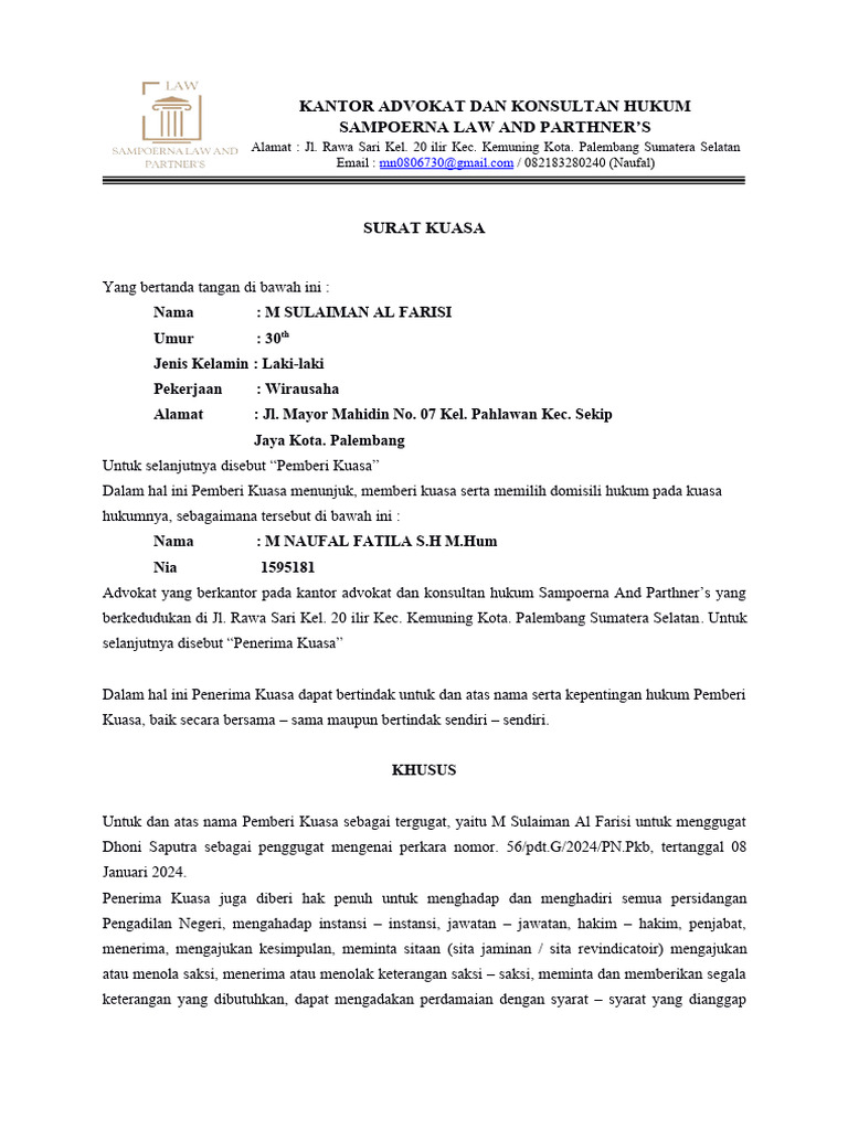 Surat Kuasa Penggugat PLKH Perdata 1 | PDF