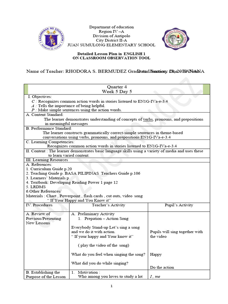 Cot in English Action Words | PDF