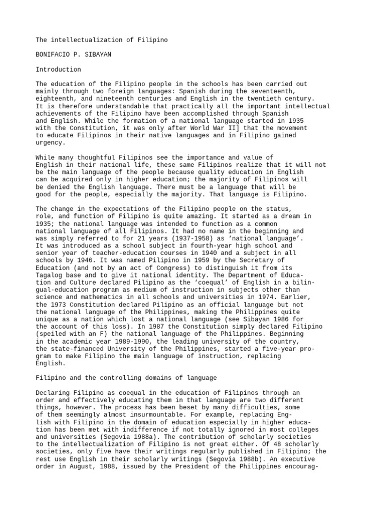 Bonifacio Sibayan Intellectualizationofthe Filipino | PDF | Tagalog ...