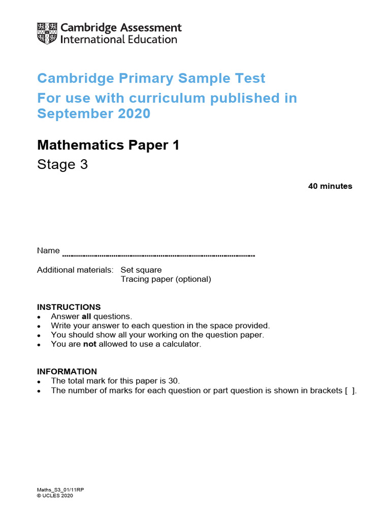 Mathematics Stage 3 Sample Paper 1 | PDF