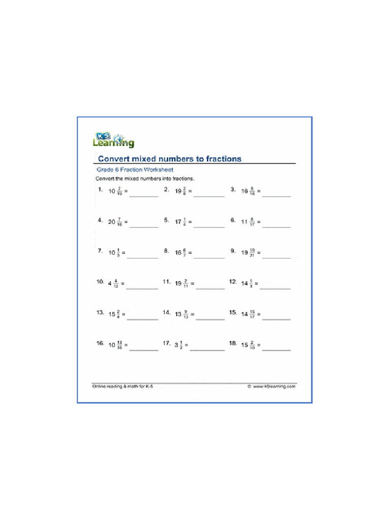 Grade 6 Converting Mixed Numbers To Fractions | PDF