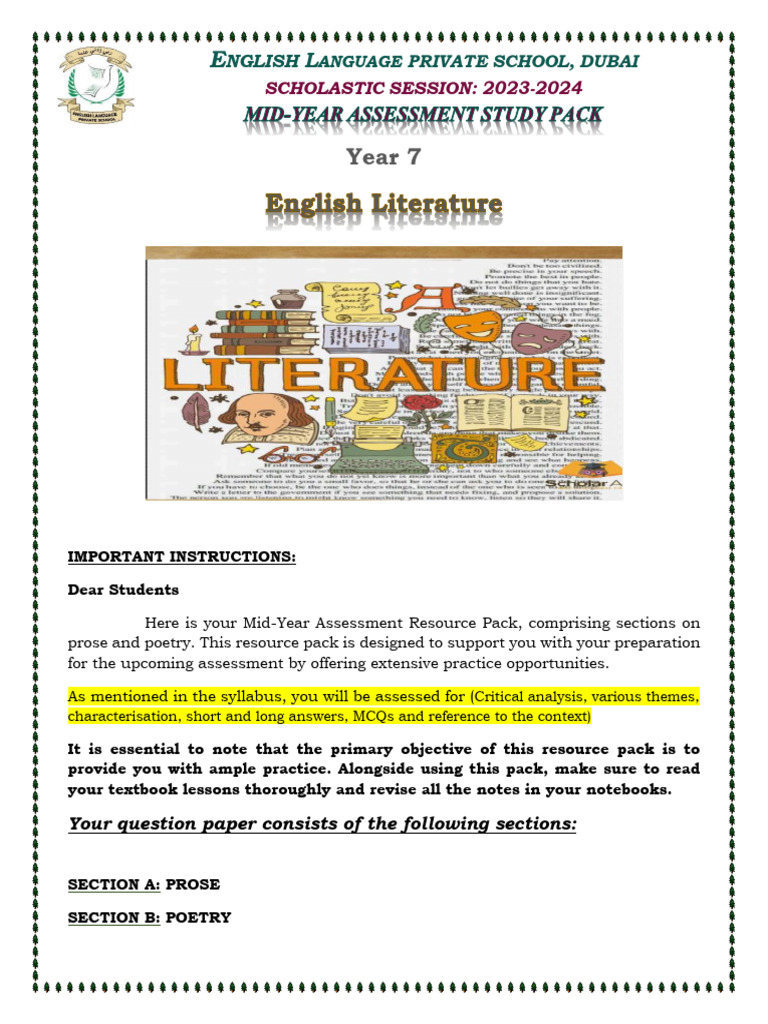 Year 7 English Literature Study Pack MYA, 2023. | Download Free PDF ...