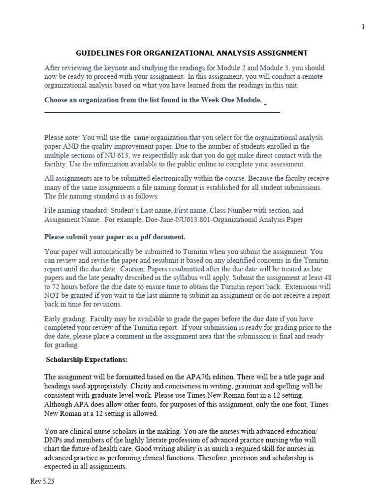 Assignment instructions and rubric for Organizational Analysis paper 5. ...